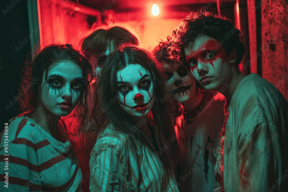 Group of friends dressed as horror characters in a dark environment. の ...