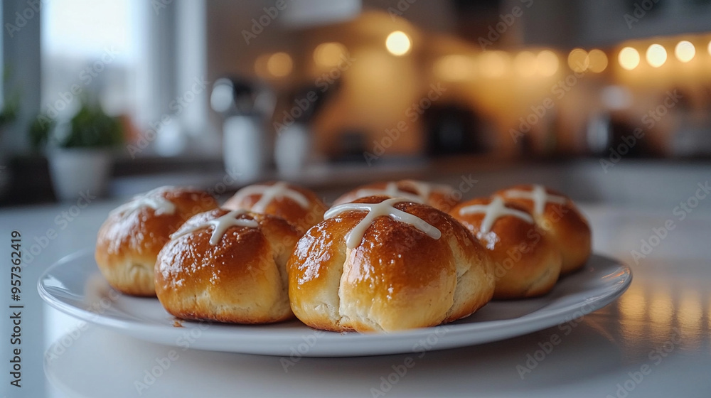 golden hot cross buns sits on a white table, symbolizing tradition and ...