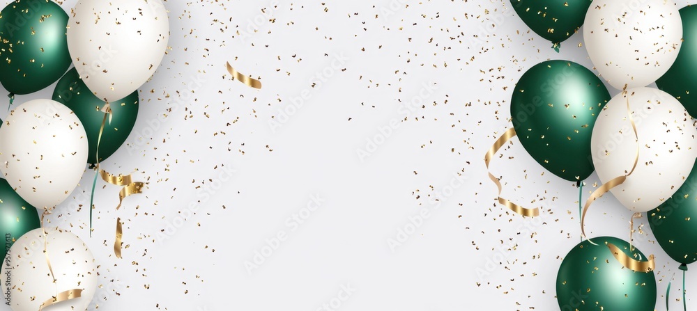 celebration background with green and white balloons, golden ribbons ...