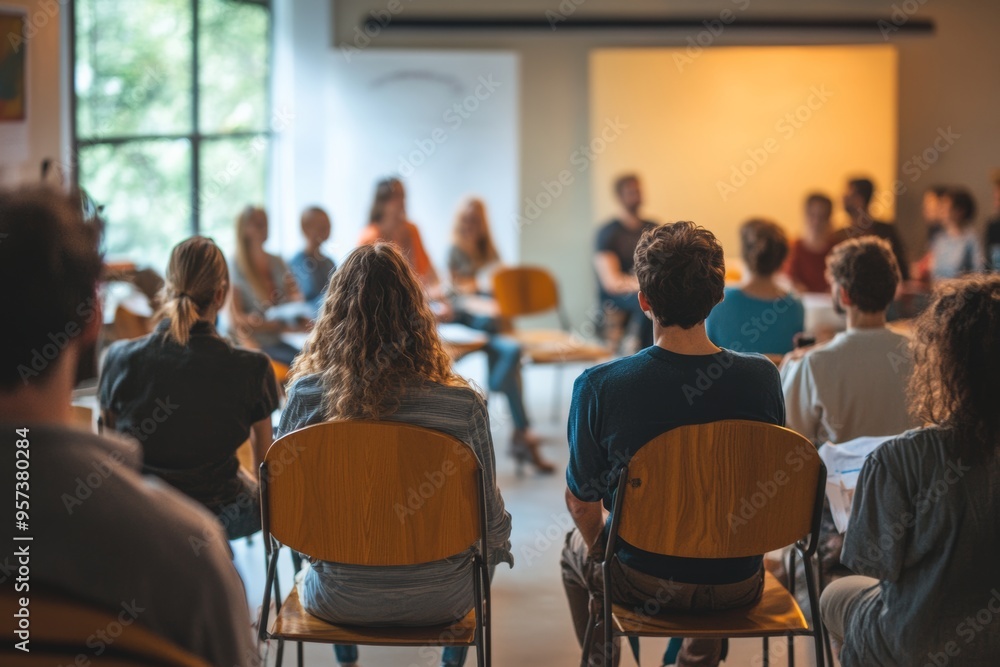 public forum or town hall meeting with citizens engaging in discussions ...