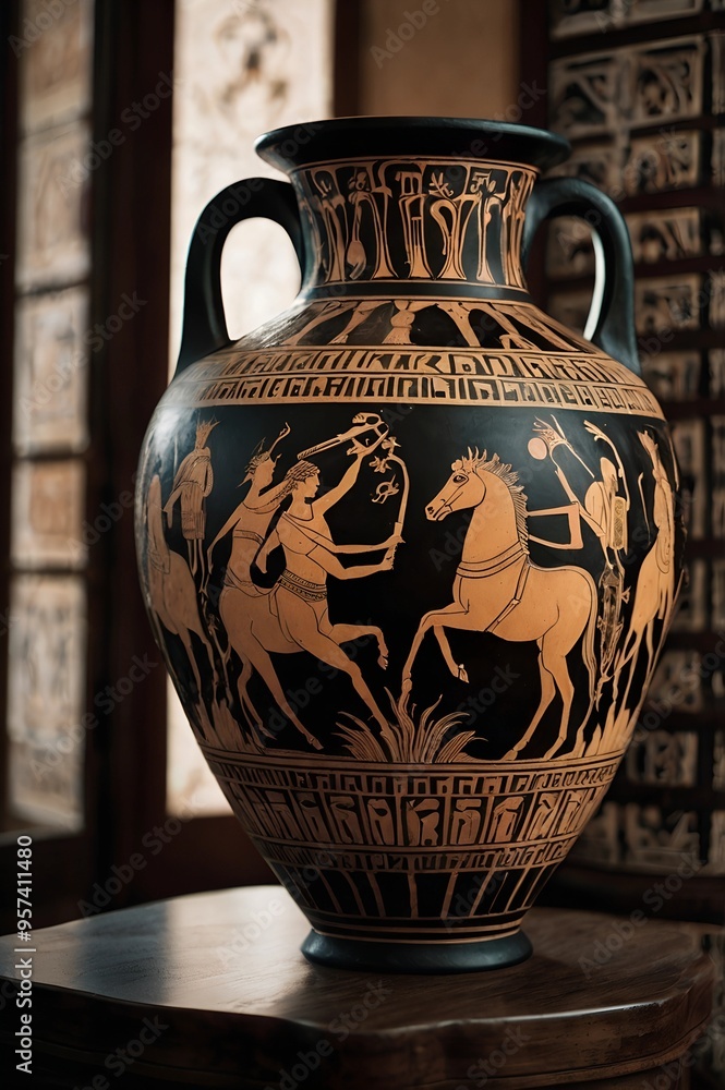 Detailed ancient Greek amphora vase painted with scenes from Greek ...