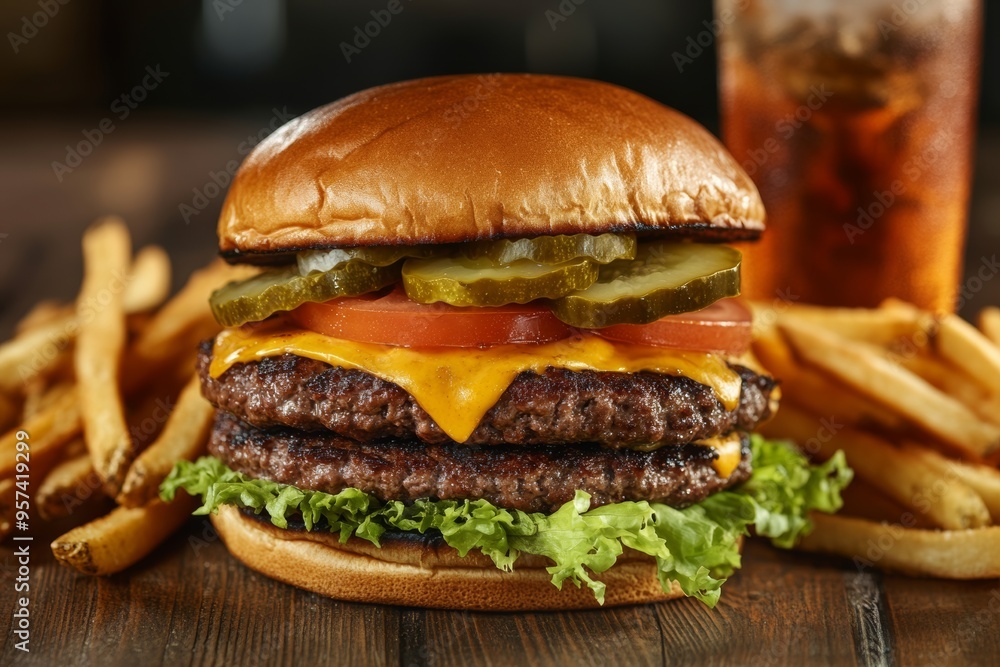 juicy double cheeseburger stacked with two layers of beef patties ...