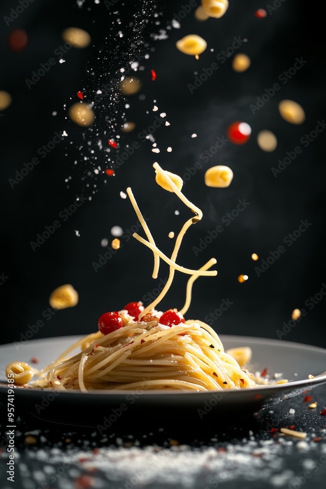 Dynamic creative photo of linguine pasta dish falling into the plate on ...