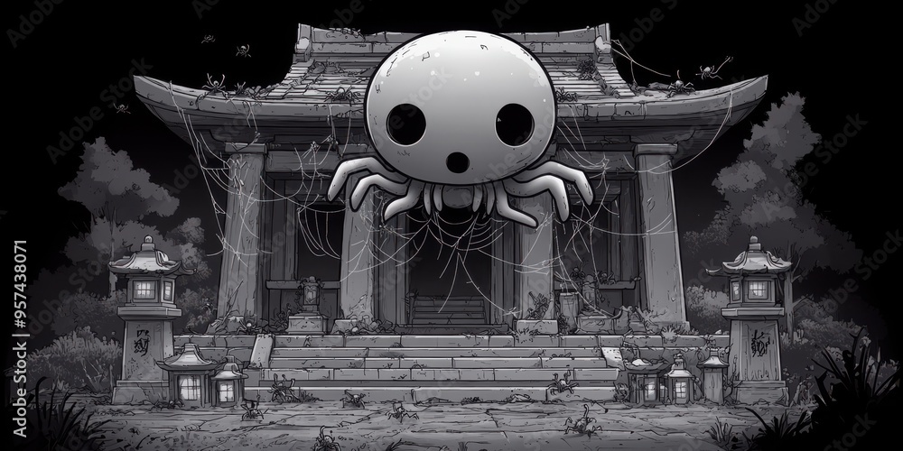Giant Cartoon Spider Over Ancient Japanese Temple in Monochrome Art ...