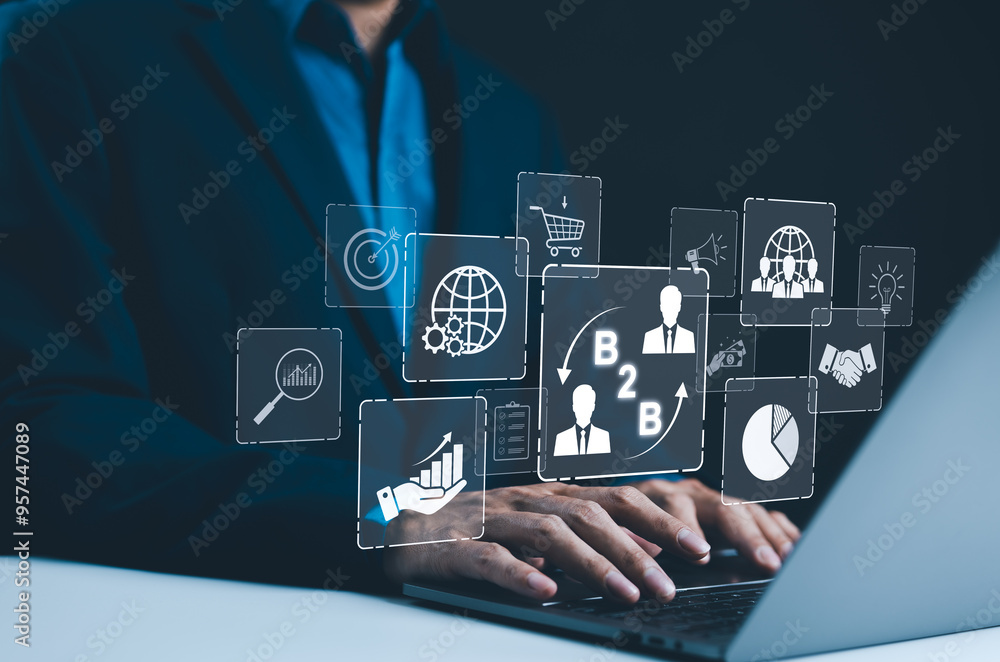 B2B business strategy concept. Businessman working with a B2B virtual ...