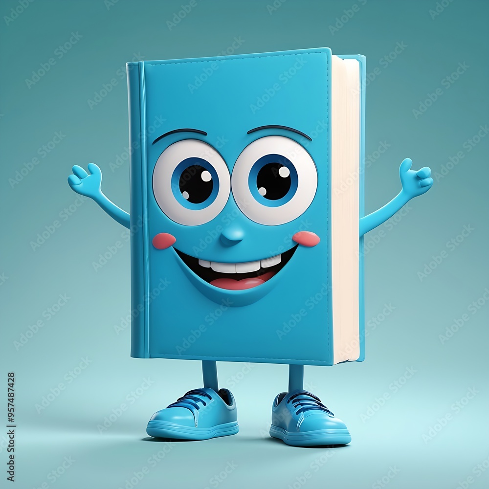 A bright, sharp, and glossy blue book character with expressive eyes ...