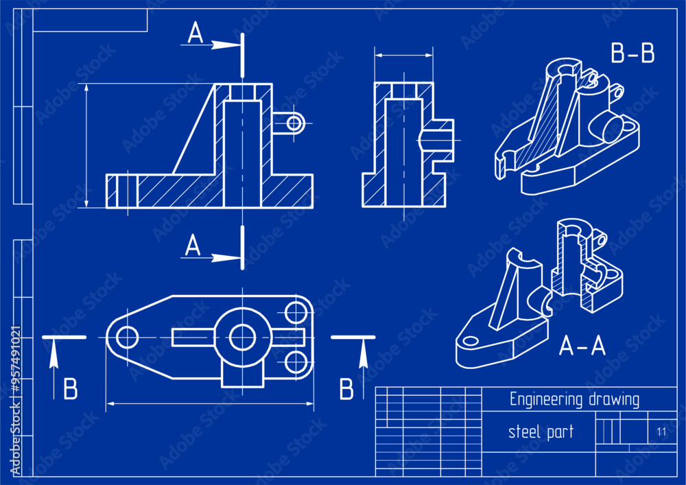 Vector drawing of a steel mechanical part with through holes and ...