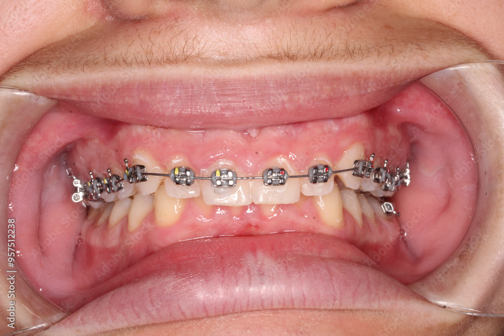 Frontal view of dental arches in overbiting occlusion with orthodontic ...