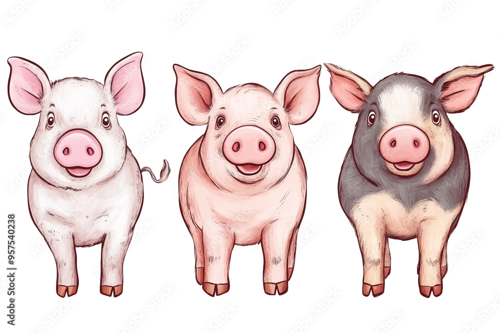 Illustration of three cute cartoon pigs in a row, isolated on a ...