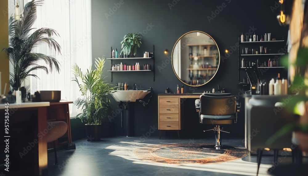 Elegant beauty salon interior featuring modern hairdresser and makeup ...