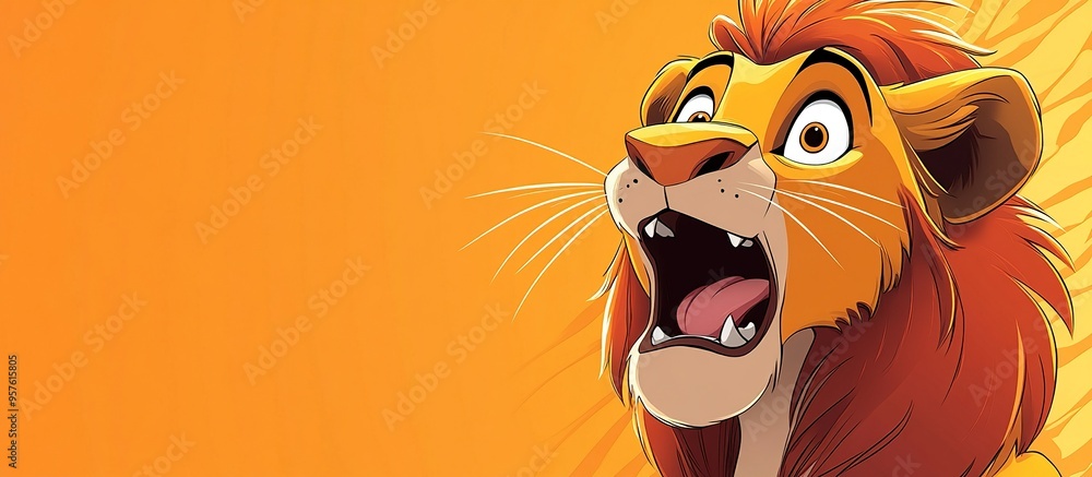 Simba roaring with excitement. Amazed cartoon character lion with copy ...