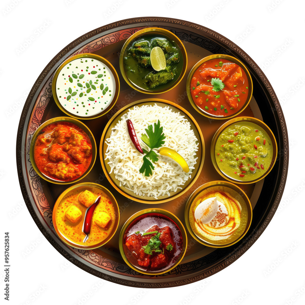 A top view of a delicious traditional Indian thali with various curries ...
