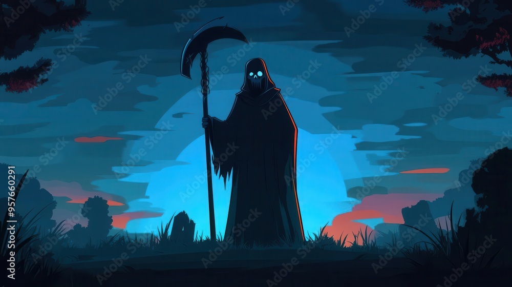 Ilustración de Stock Haunted twilight sky with a Grim Reaper silhouette ...