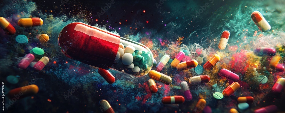 Modern digital art focused on prescription drug abuse prevention, with ...