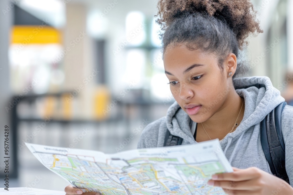 A student reviewing a campus map, planning their route to classes and ...