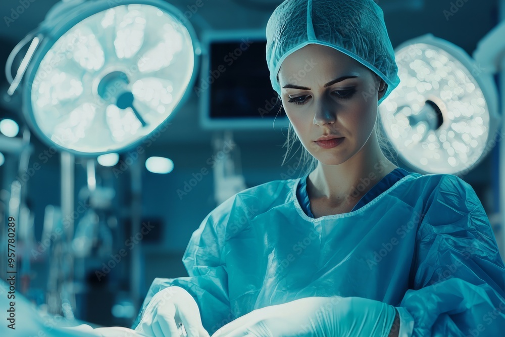 Female doctor preparing to perform surgery in a sterile operating room ...
