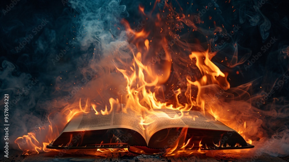 07240954 69. A dramatic image of an open book on fire, with flames ...