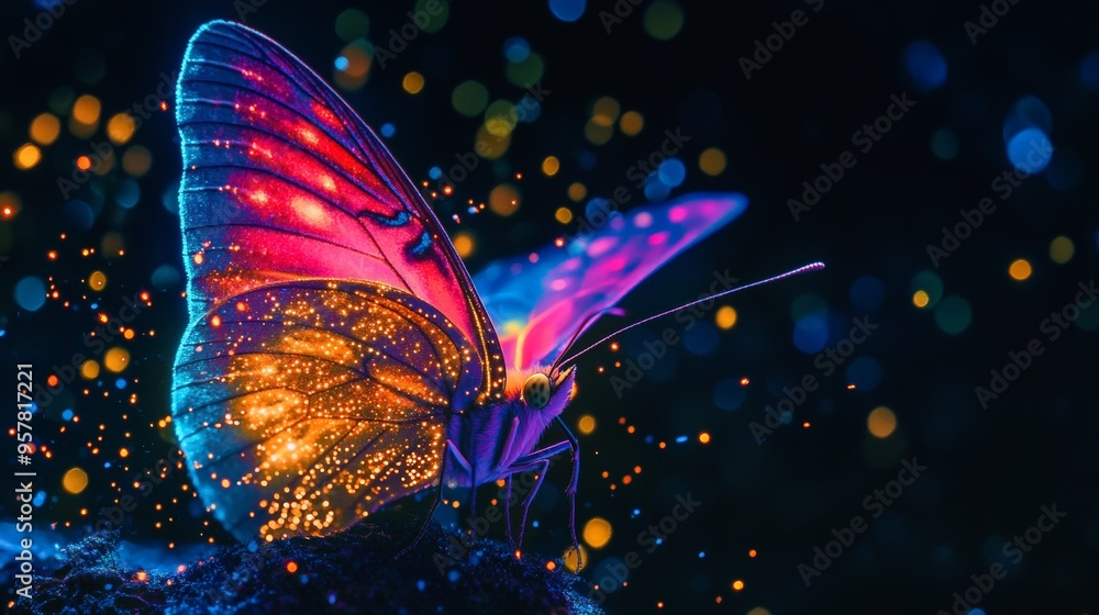 Colorful neon light effect on a butterfly emerging from its chrysalis ...
