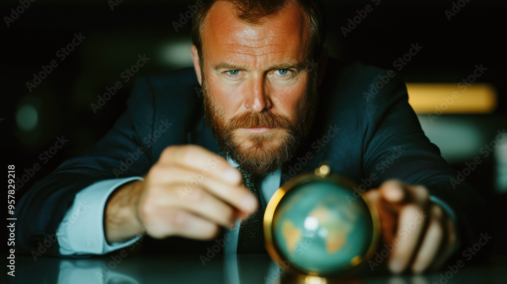 Columbus day celebration photo concept with a man pin point to world ...