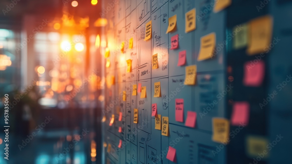 Creative Office Space with Sticky Notes on Glass Wall During Sunset ...