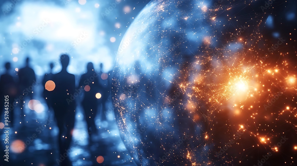 A digital sphere filled with people from various ethnic backgrounds ...