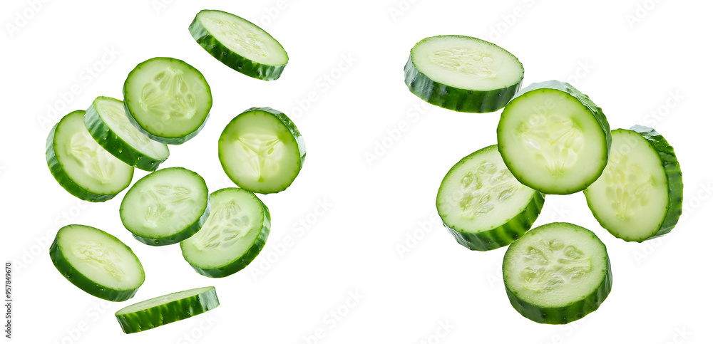 Collection of flying or floating cucumber slices isolated on ...