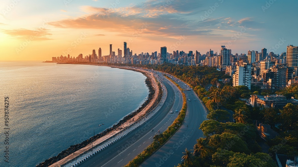 Aerial view of Mumbai iconic Marine Drive curving along the Arabian Sea ...
