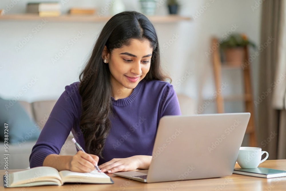 An Indian female student with books and a laptop, working on ...