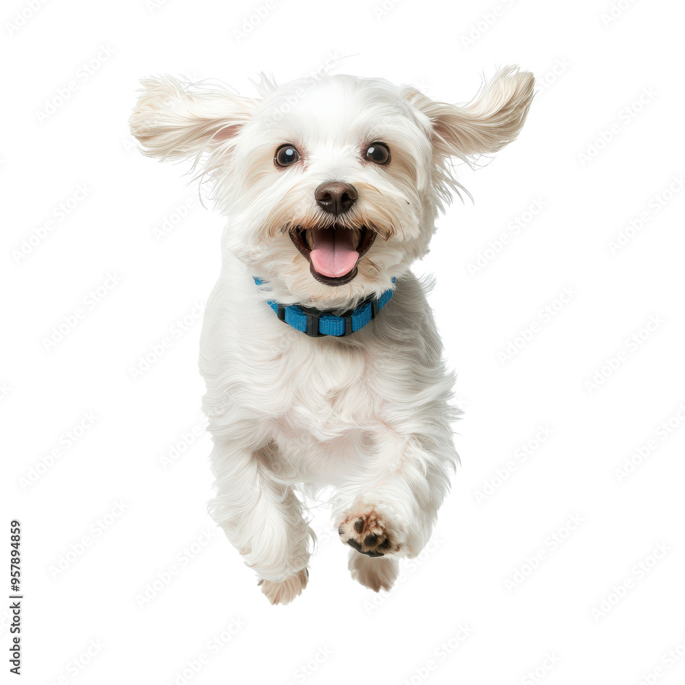 Happy white dog jumping with joy, wearing blue collar, isolated on ...