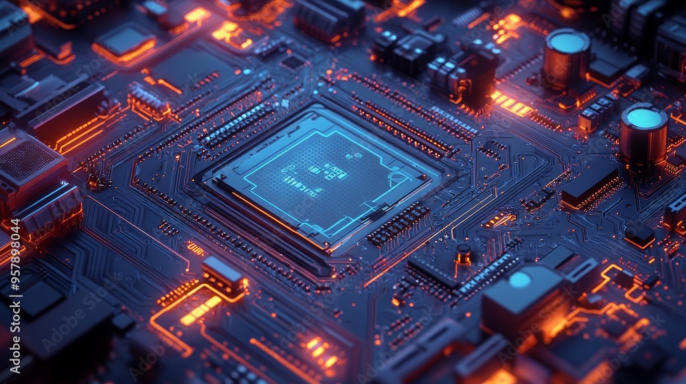 Ilustración de Stock Detailed technical diagram of a copper PCB for ...