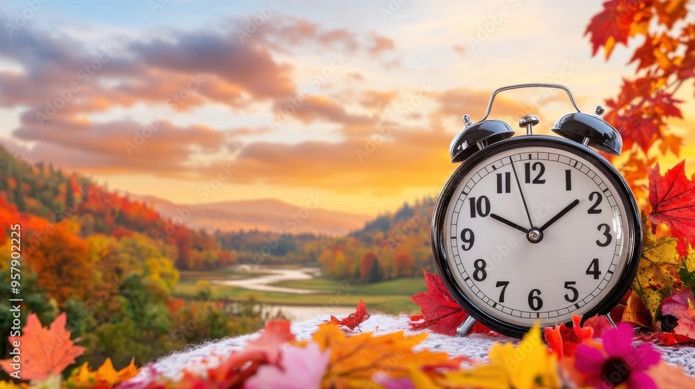 Autumn Time Clock and Leaves Fall Nature Landscape Stock Illustration ...