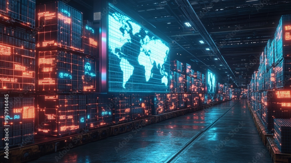 Pallets lined up with a holographic supply chain map floating above ...