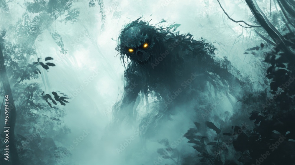 Detailed and Eerie Illustration of a Skin-Walker with Glowing Eyes and ...