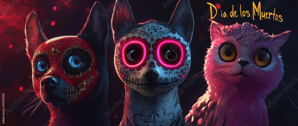 Striking Dia de los Muertos digital artwork featuring three animals ...