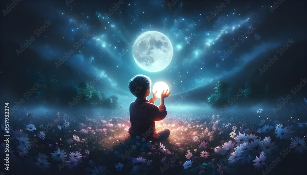 Young Boy Holding Moon in Hands Under Starry Night Sky, Sitting on ...