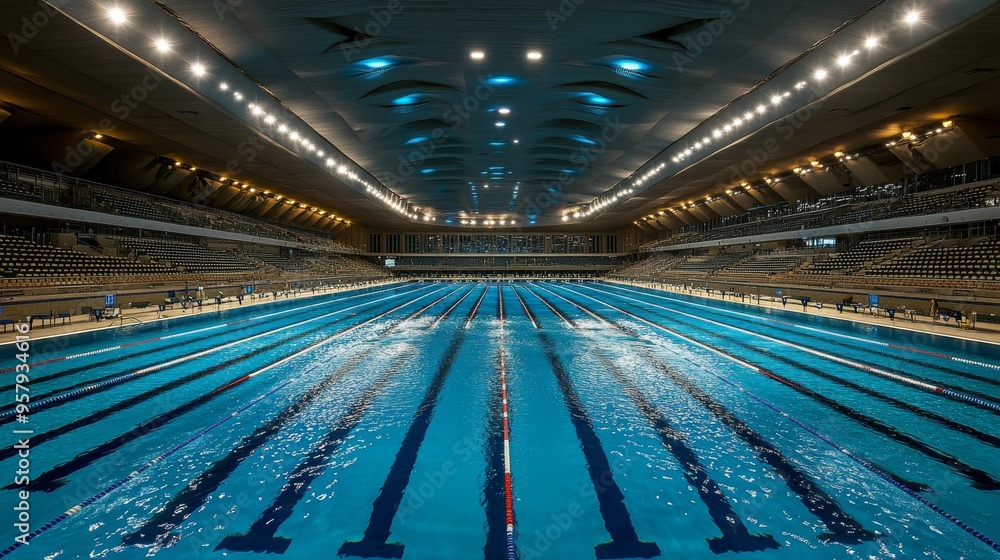 Olympic sized swimming pool. Interior swimming pool, stadium, event. Brightly lit, fresh water ...