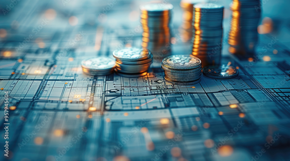 Abstract blueprint or architectural design made up of currency symbols ...