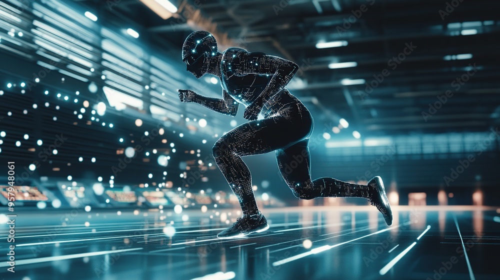 Motion capture suit on a runner in action, sensors detecting body ...