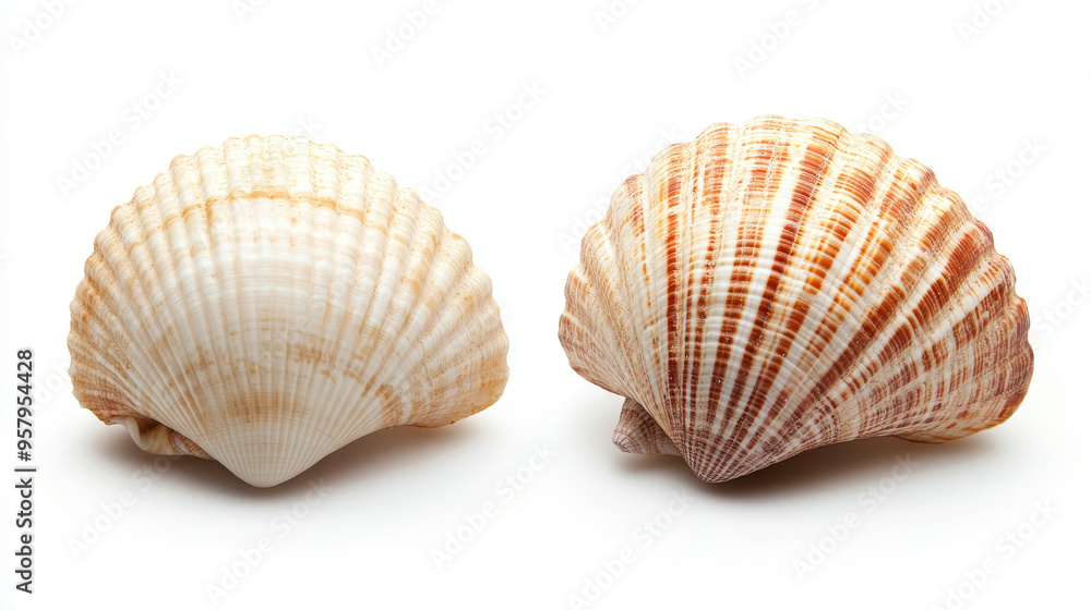 Both sides of a sea shell displayed against a white background ...