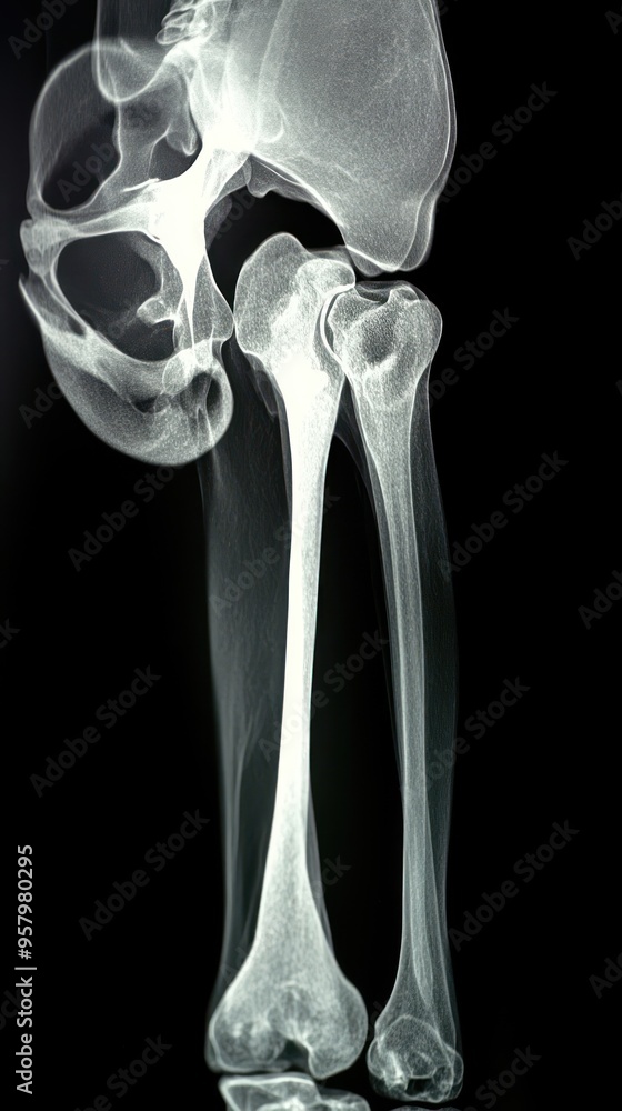 X-ray image of a human leg, showing the femur, tibia, fibula, and ankle ...