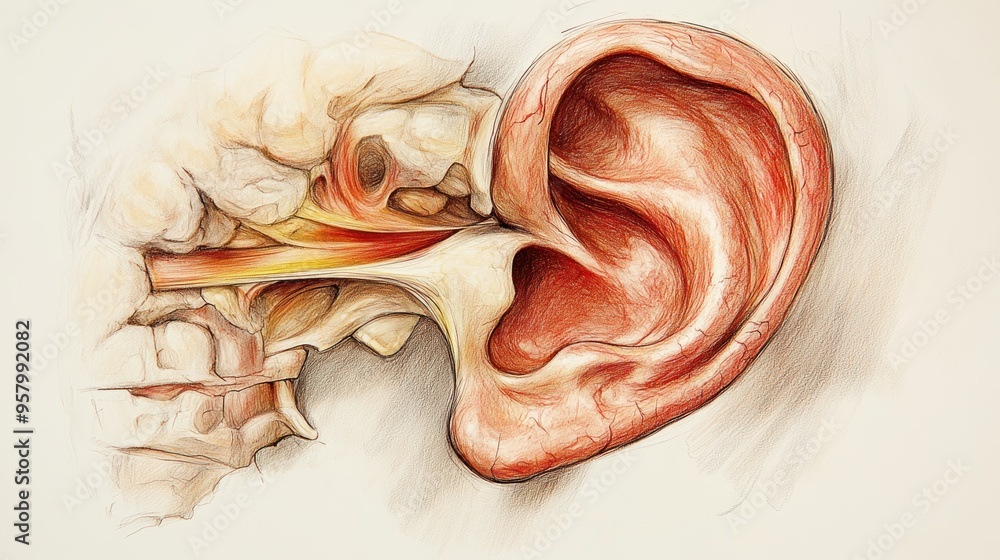 Detailed anatomical illustration of the human ear, showcasing the ...