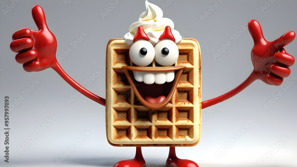 happy waffle a waffle character with a big goofy smile and arms spread ...