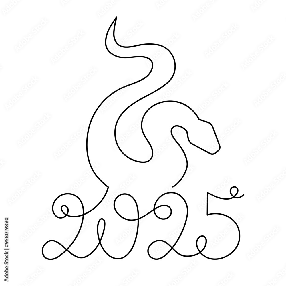 2025 year of snake one line art, hand drawn continuous contour.Holiday ...