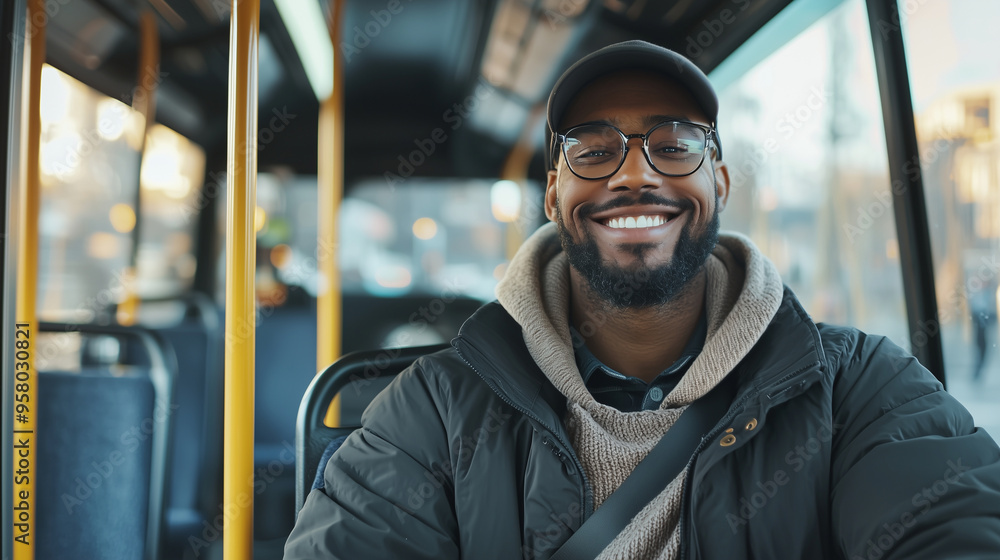 happy bus driver at a busy city station, facing the camera with a ...