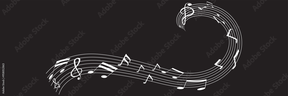Musical note wave. Music notes melody isolated on black background ...