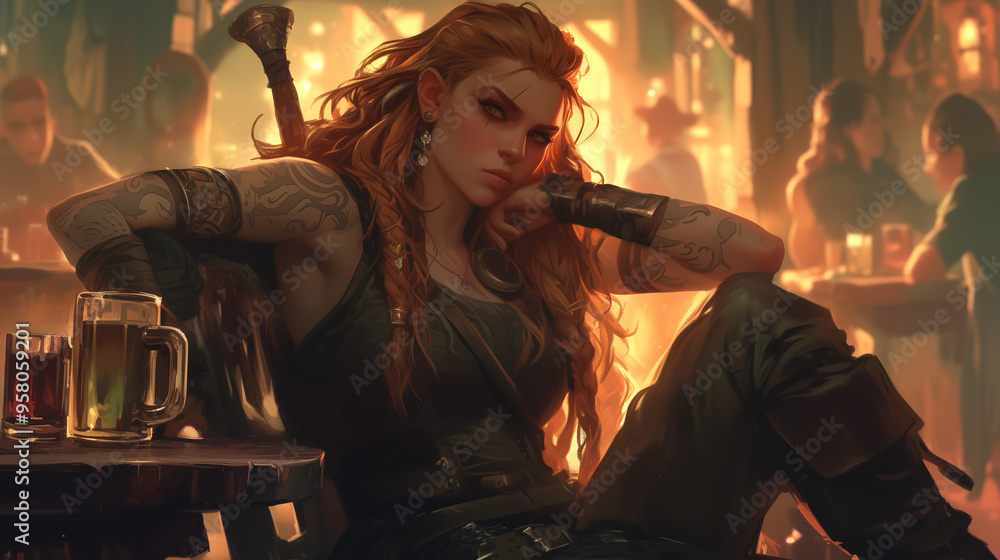 rugged dwarf woman warrior with tattoos enjoying a drink in a rustic ...