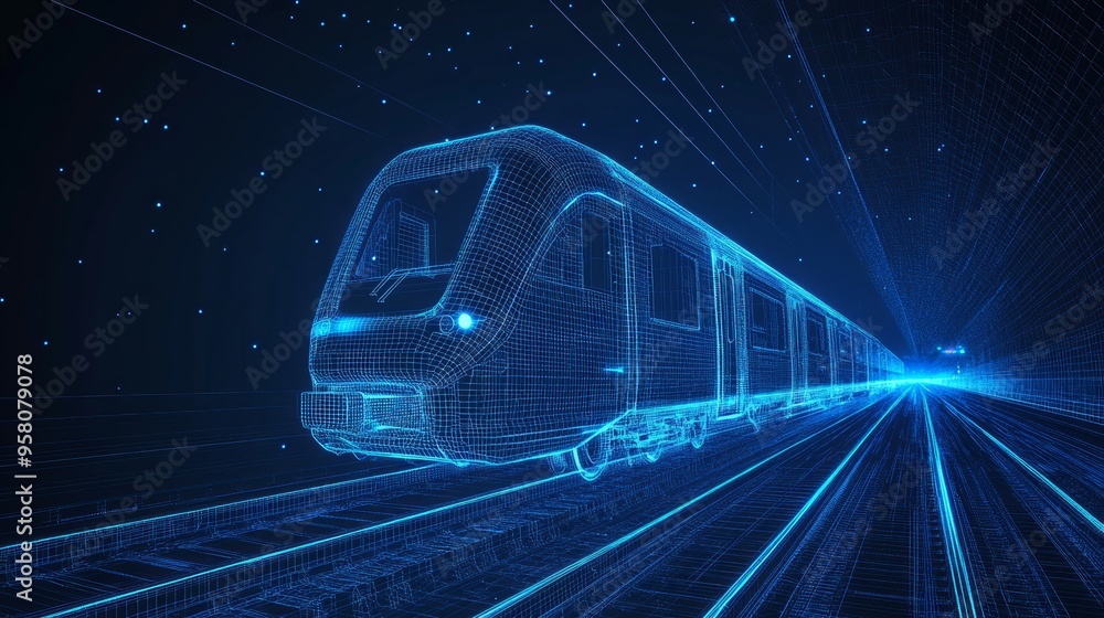 Abstract polygonal 3d wireframe of modern train at railway station or ...