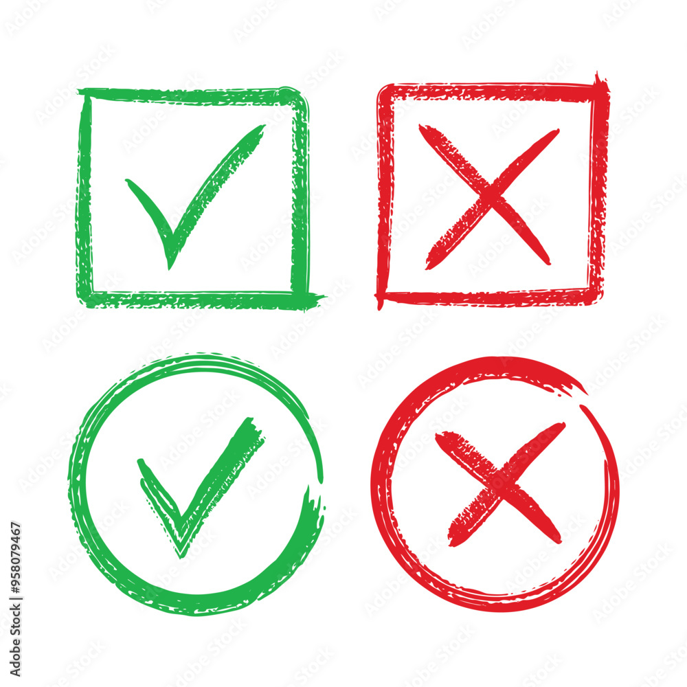 Set of green check mark and red cross icons. Checklist symbol, approval ...