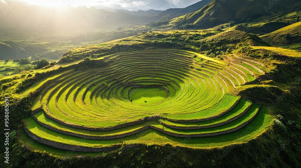 Top view of the green terraces of Moray, with its concentric circles ...