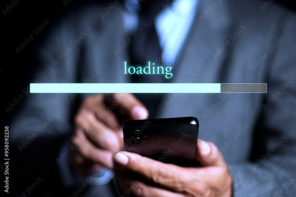 Man using mobile smartphone for download application and waiting to loading. status loading bar ...